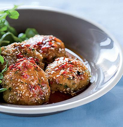 Chickpea falafels and roast chilli vinaigretter recipe | TASTE