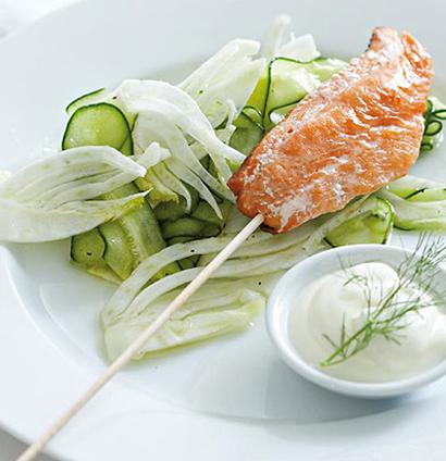 Fish on a stick with shaved fennel and cucumber salad | Woolworths TASTE