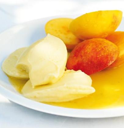 Fresh peaches with mango sorbet and gooseberry dressing | Woolworths TASTE