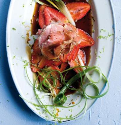 Layered seared beef and strawberry carpaccio with spring-onion curls ...