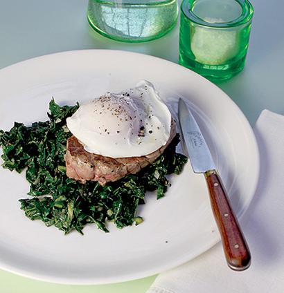 Mini steaks with soft-poached egg on anchovy spinach | Woolworths TASTE