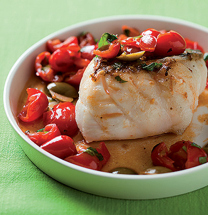 Pan-roasted fish with smashed tomatoes and green olives | Woolworths TASTE