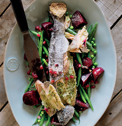 Pomegranate salt-roasted trout with balsamic beetroot and greens ...