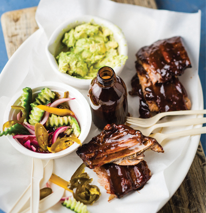 Smoked pork ribs with guacamole, red onion and vegetable pickles ...