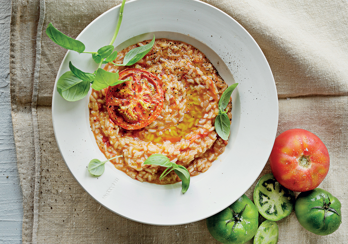 Recipe: Roast tomato risotto with fresh basil.