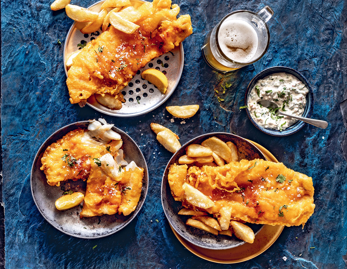 Curry-battered fish and chips with coriander ginger tartare sauce ...