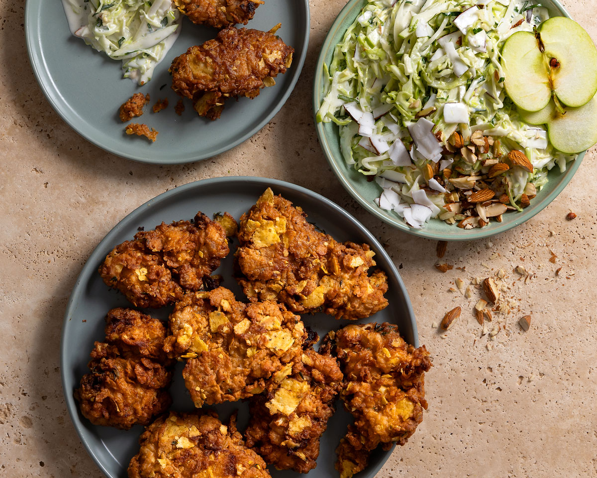 Nacho-fried chicken with coconut-apple slaw | Woolworths TASTE