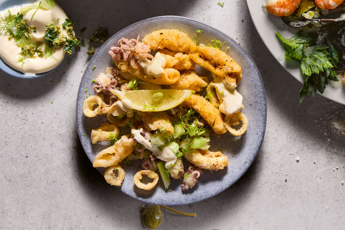 Black pepper fried squid with caper salt and French-style mayo ...