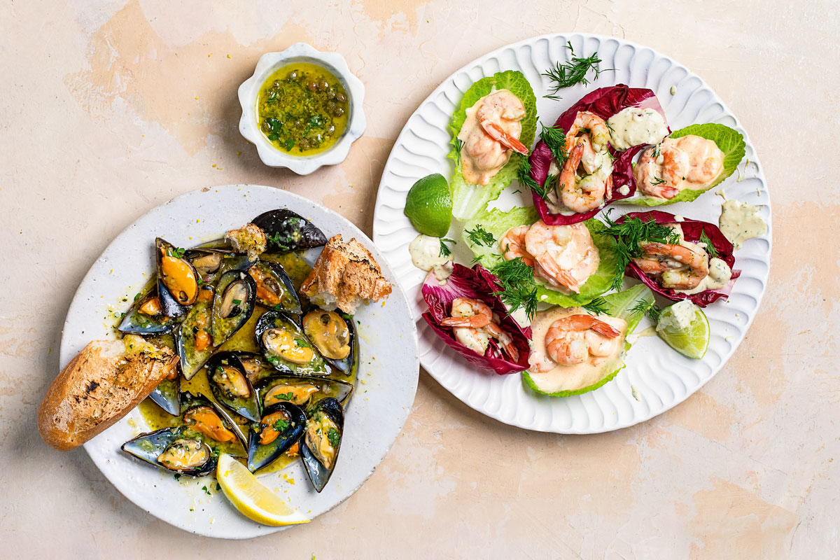 Prawn cocktail cups and garlic mussels with toasted baguette ...